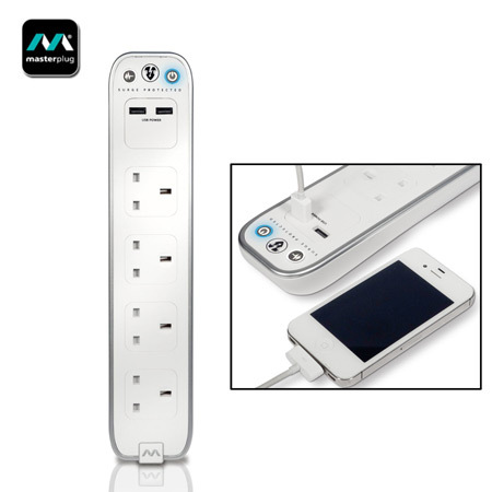 Masterplug Surge Protected 4 Plug Power Bar with Dual USB - White