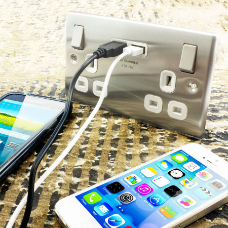 UK Power Socket USB Charging Wall Plate - Steel / White