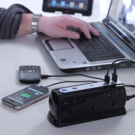 Masterplug Surge Protected 6 Plug Power Block with Dual USB - Black