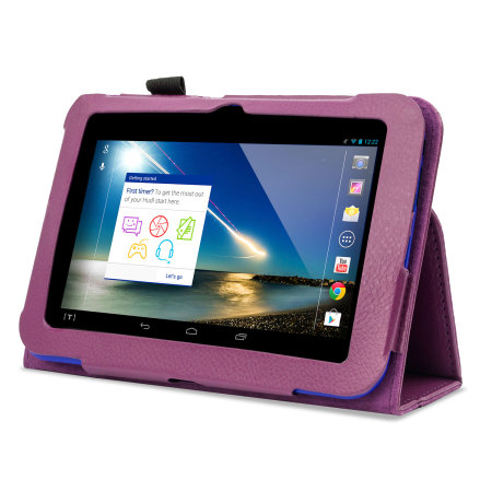 Folio Leather Style Stand Case and Hand Grip for Tesco Hudl - Purple