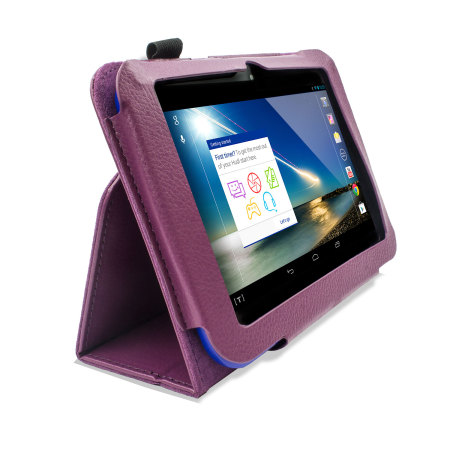 Folio Leather Style Stand Case and Hand Grip for Tesco Hudl - Purple