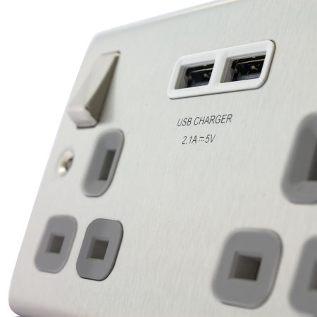 UK Power Socket USB Charging Wall Plate - Steel / Grey