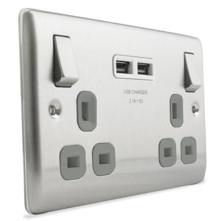 UK Power Socket USB Charging Wall Plate - Steel / Grey