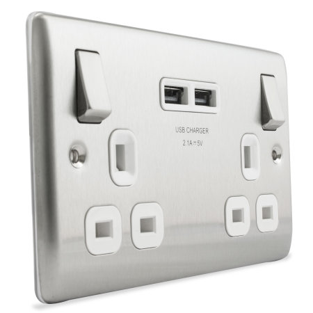 UK Power Socket USB Charging Wall Plate - Steel / White