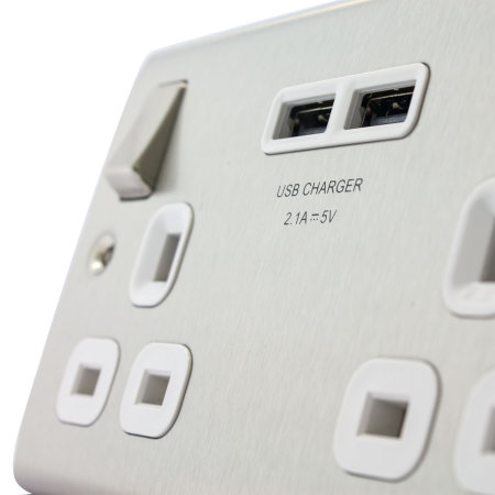 UK Power Socket USB Charging Wall Plate - Steel / White