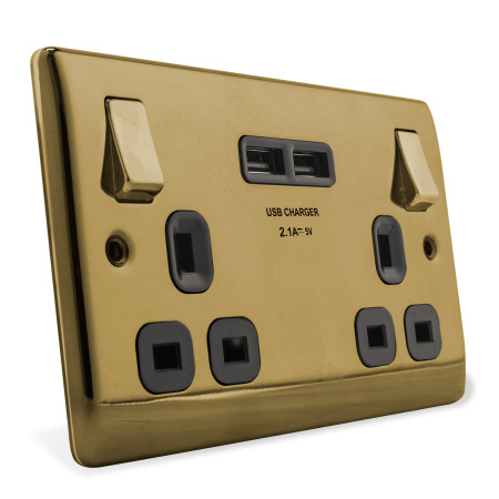 UK Power Socket with USB Charging Wall Plate - Brass