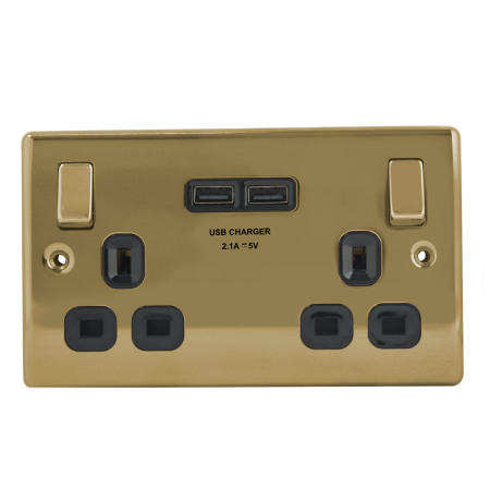 UK Power Socket with USB Charging Wall Plate - Brass