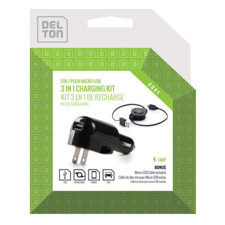 Delton 3 in 1 Micro USB Charger Kit with Retractable Cable - US Outlet