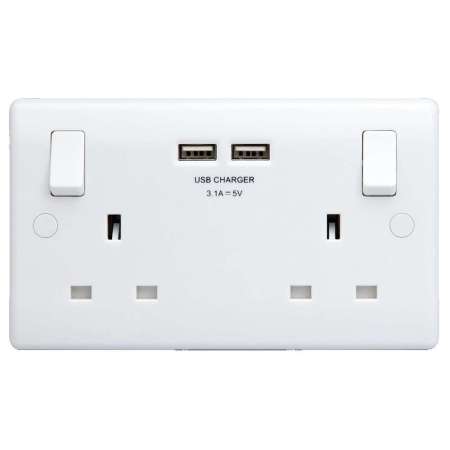 2 Port USB Double UK Plug Socket with Phone Shelf - Twin Pack