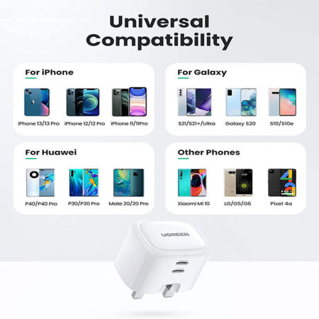 Ugreen 40W Dual Fast Charging USB-C Foldable Mains Charger - For iPhone ...