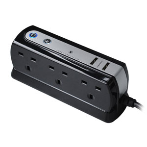 Masterplug Surge Protected 6 Plug Power Block with Dual USB - Black