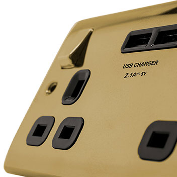 UK Power Socket with USB Charging Wall Plate - Brass