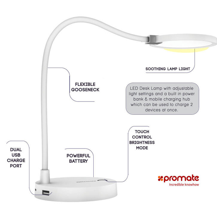 Promate LumiFlex-2 LED Desk Lamp With 4000 mAh Power Bank - White