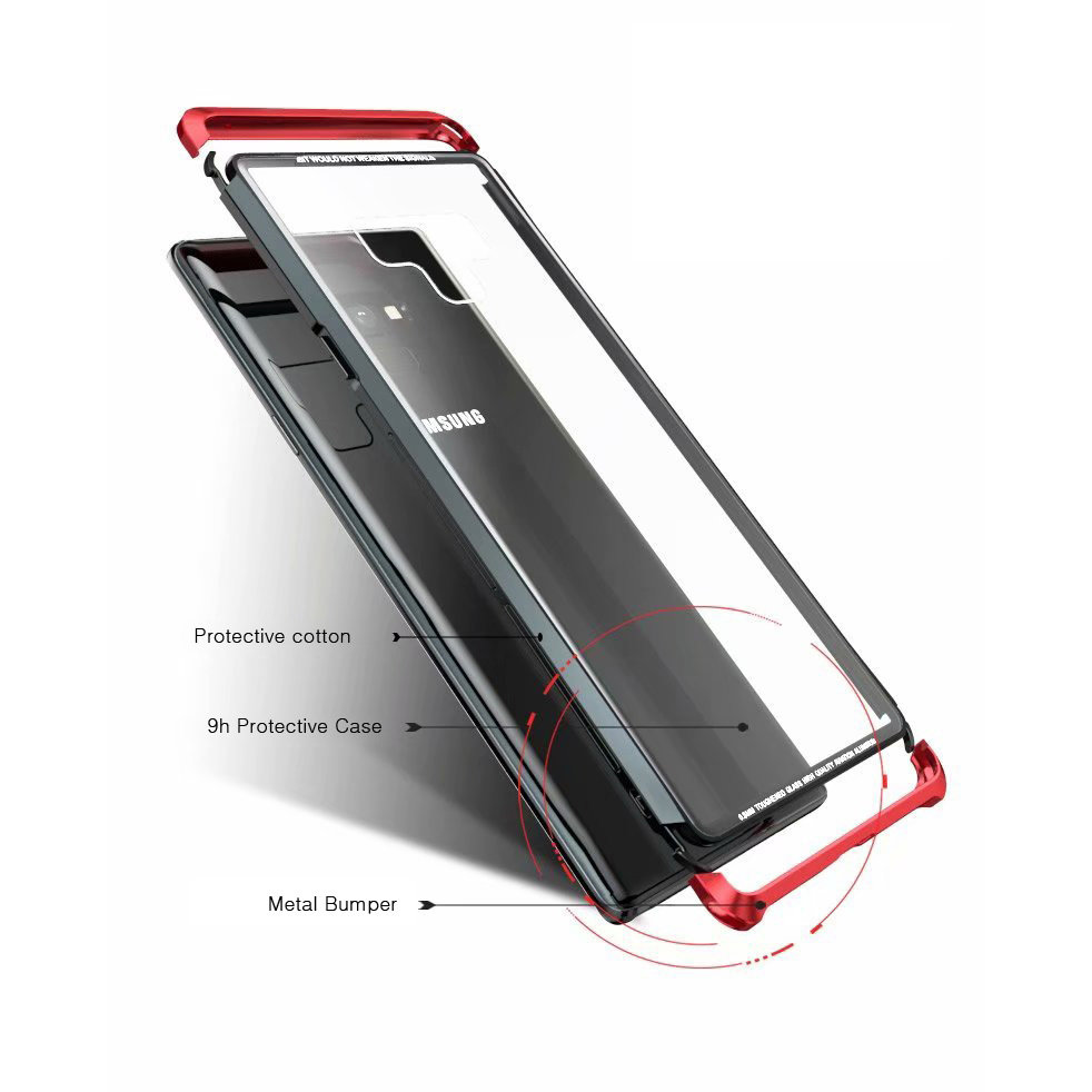 Luphie Samsung Note 9 Metal Bumper Case With Tempered Glass - Red